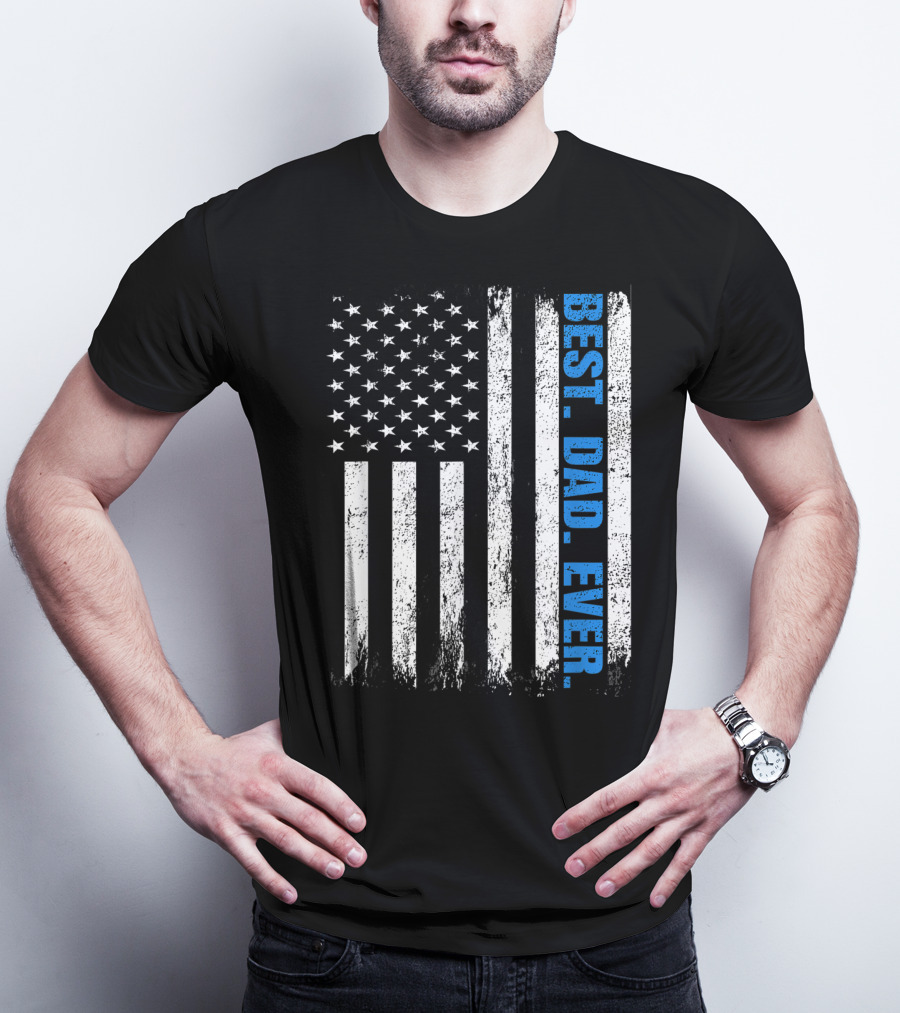 Best Dad Ever USA Flag Fathers Day Police Thin Blue Line T-Shirt