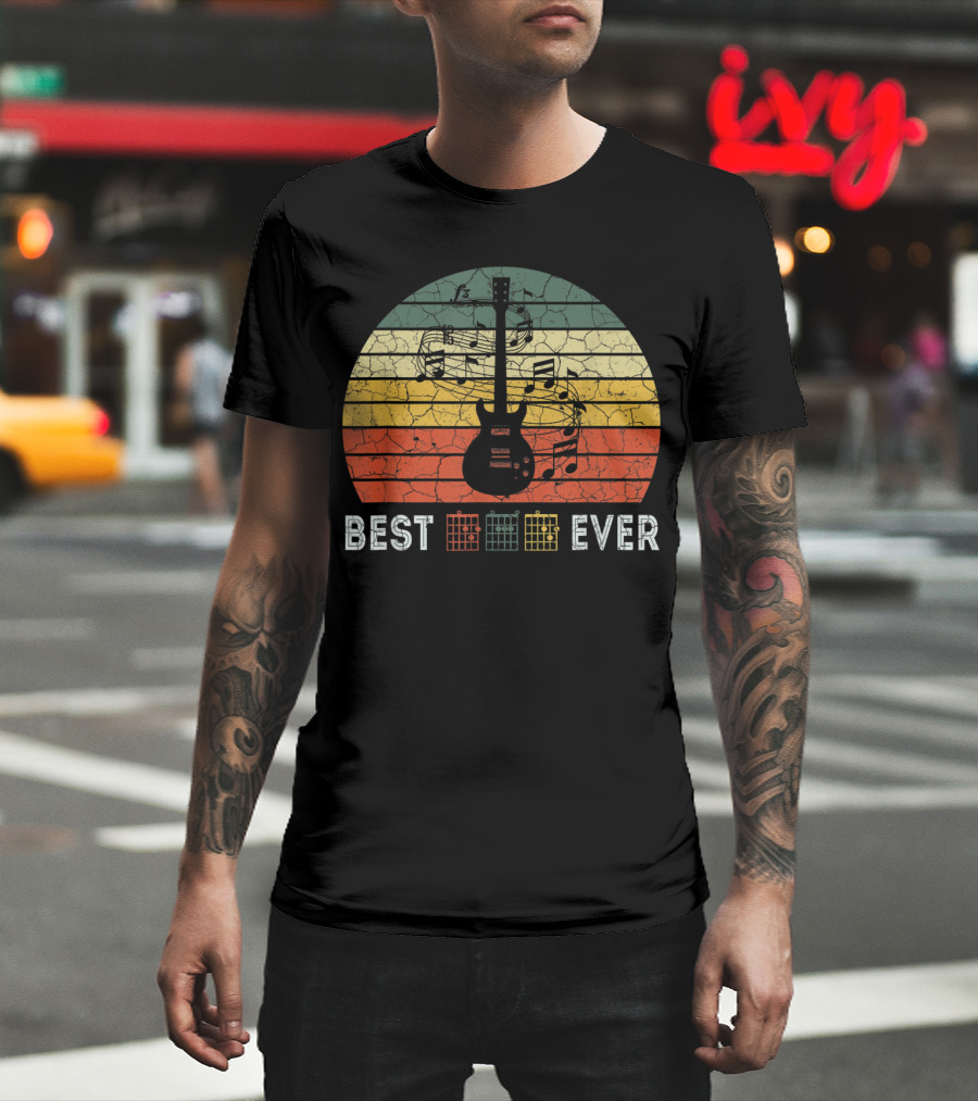 Best Guitar Dad Ever Music Vintage Father Retro Stripes T-Shirt