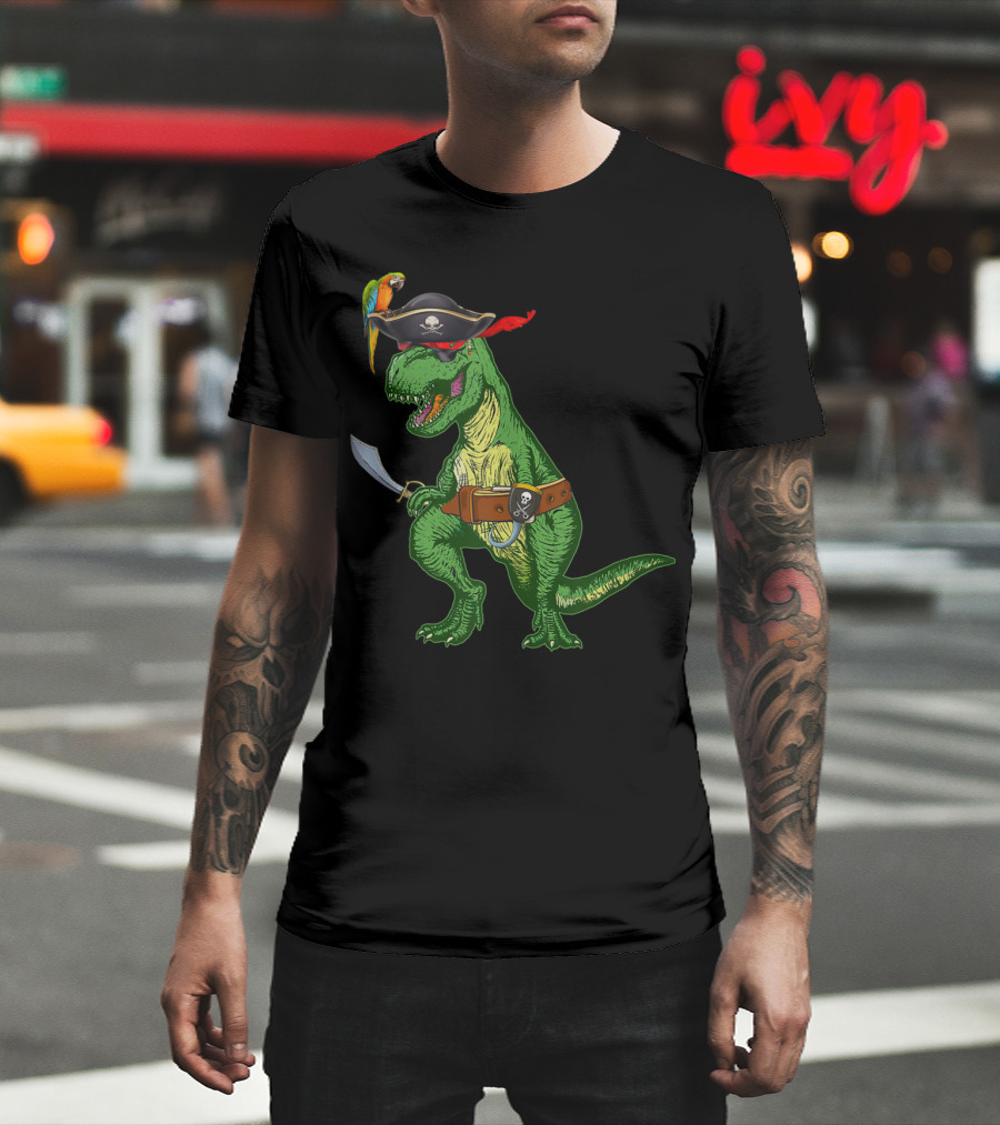 Boys Kids Dinosaur T-Rex Pirate With Parrot And Sword T-Shirt
