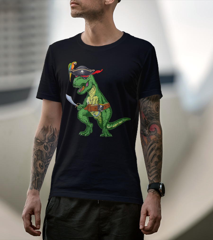 Boys Kids Dinosaur T-Rex Pirate With Parrot And Sword T-Shirt