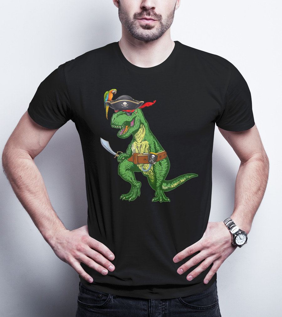 Boys Kids Dinosaur T-Rex Pirate With Parrot And Sword T-Shirt