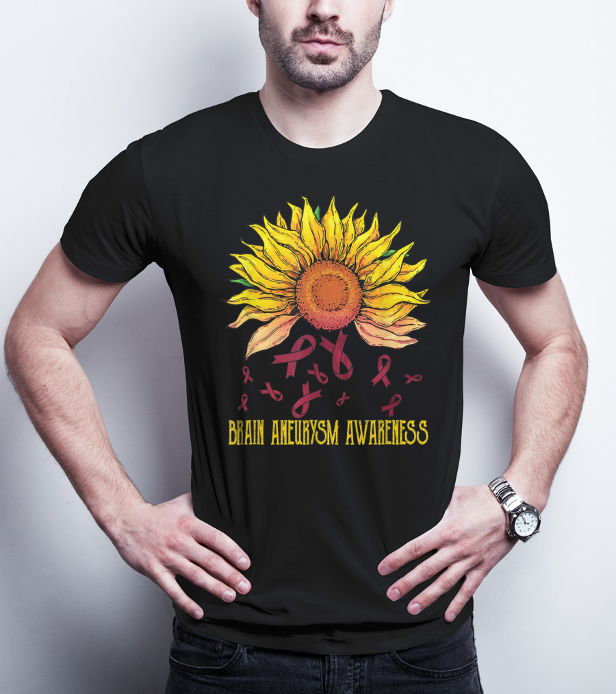Brain Aneurysm Awareness Sunflower With Yellow Sunflower And Red Ribbons T-Shirt