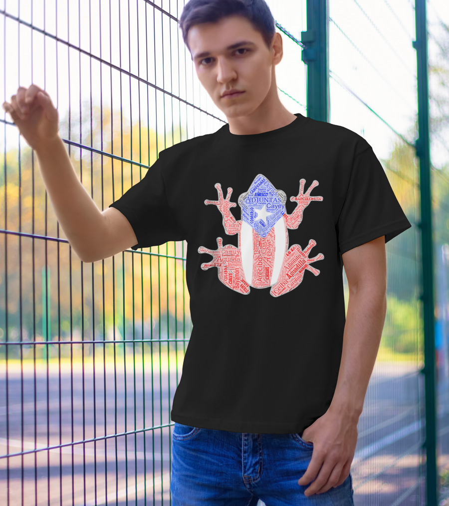 Coqui Taino Puerto Rico Cities Boricua Flag Adjuntas Aguadilla Arecibo Barceloneta Caguas Cayey Ceiba Cidra Coamo Guayama Manati Morovis Yauco T-Shirt