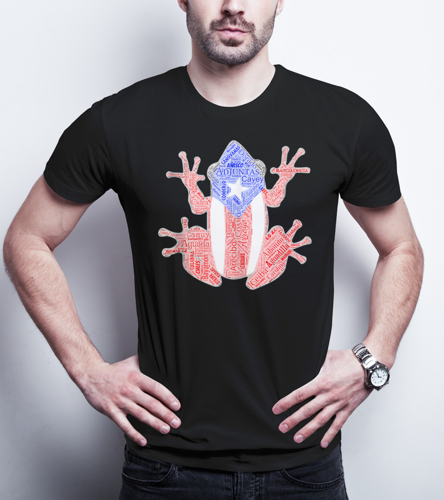 Coqui Taino Puerto Rico Cities Boricua Flag Adjuntas Aguadilla Arecibo Barceloneta Caguas Cayey Ceiba Cidra Coamo Guayama Manati Morovis Yauco T-Shirt
