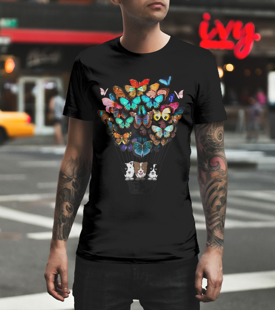 Cute Border Collie Dogs In Hot Air Balloon With Colorful Butterflies T-Shirt
