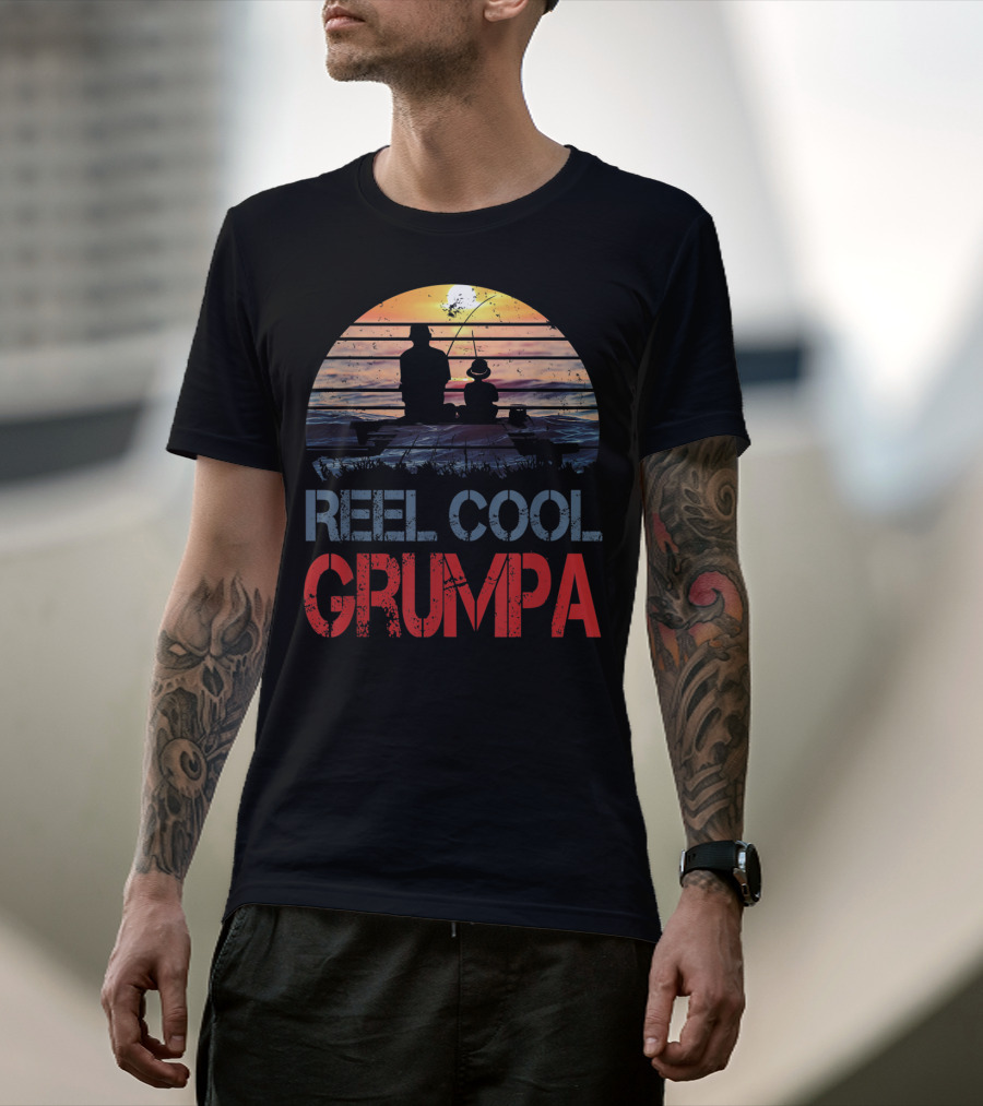 Father's Day Reel Cool Grumpa Fishing Silhouette With Sunset Background T-Shirt