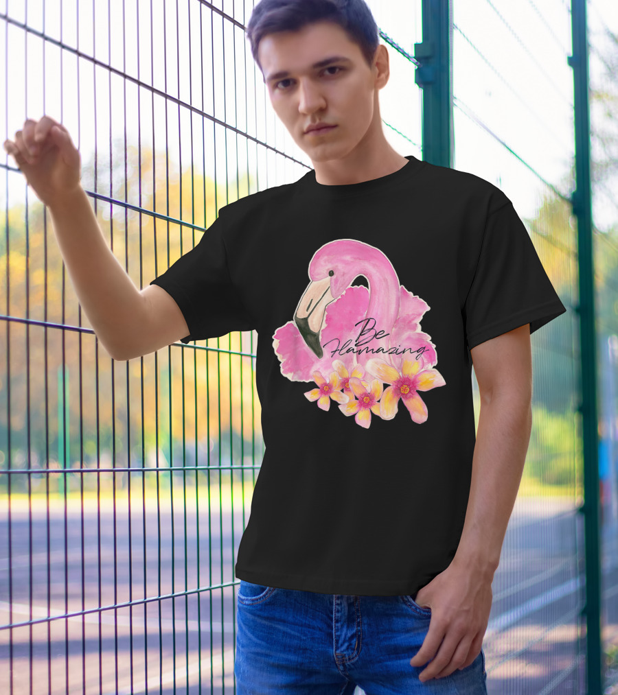 Flamingo With Hibiscus Watercolor Be Flamazing T-Shirt