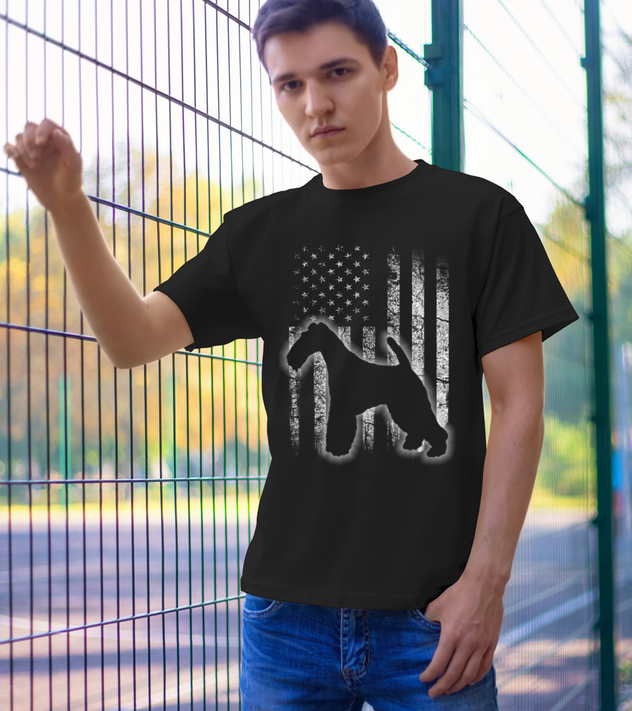 American Flag Wire Fox Terrier Dog Silhouette Love T-Shirt