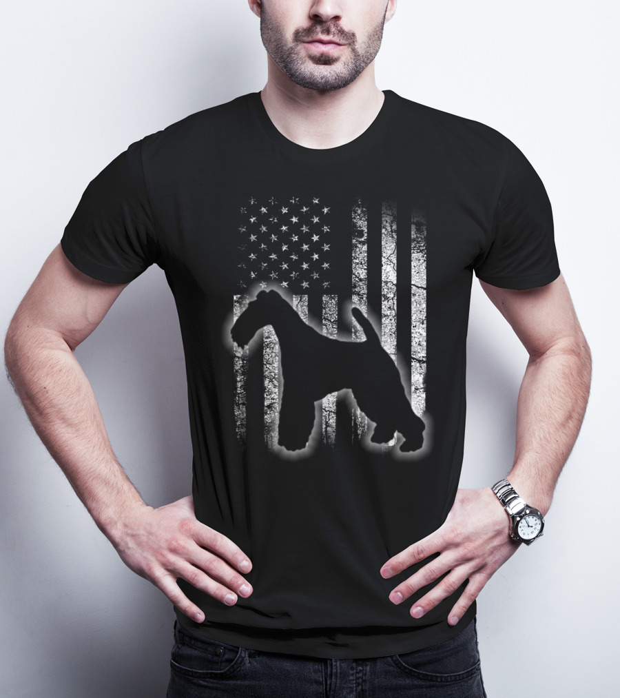 American Flag Wire Fox Terrier Dog Silhouette Love T-Shirt