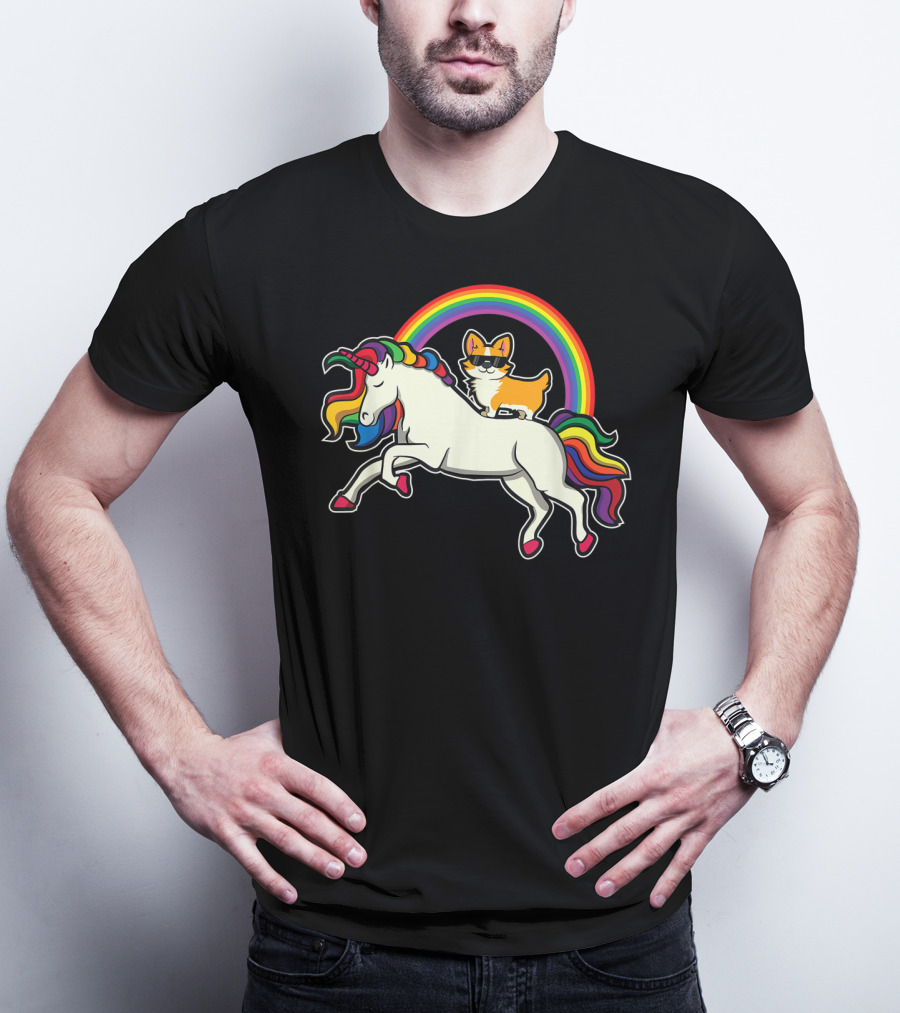 Funny Corgi Riding Rainbow Unicorn Puppy For Dog Lovers T-Shirt