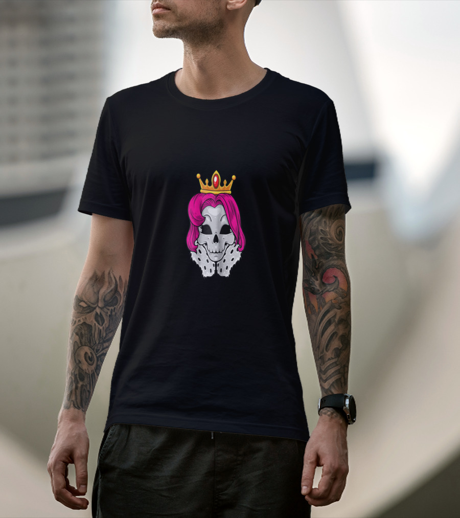 Bright Pink-Haired Skull Queen With Crown And Regal Cape T-Shirt