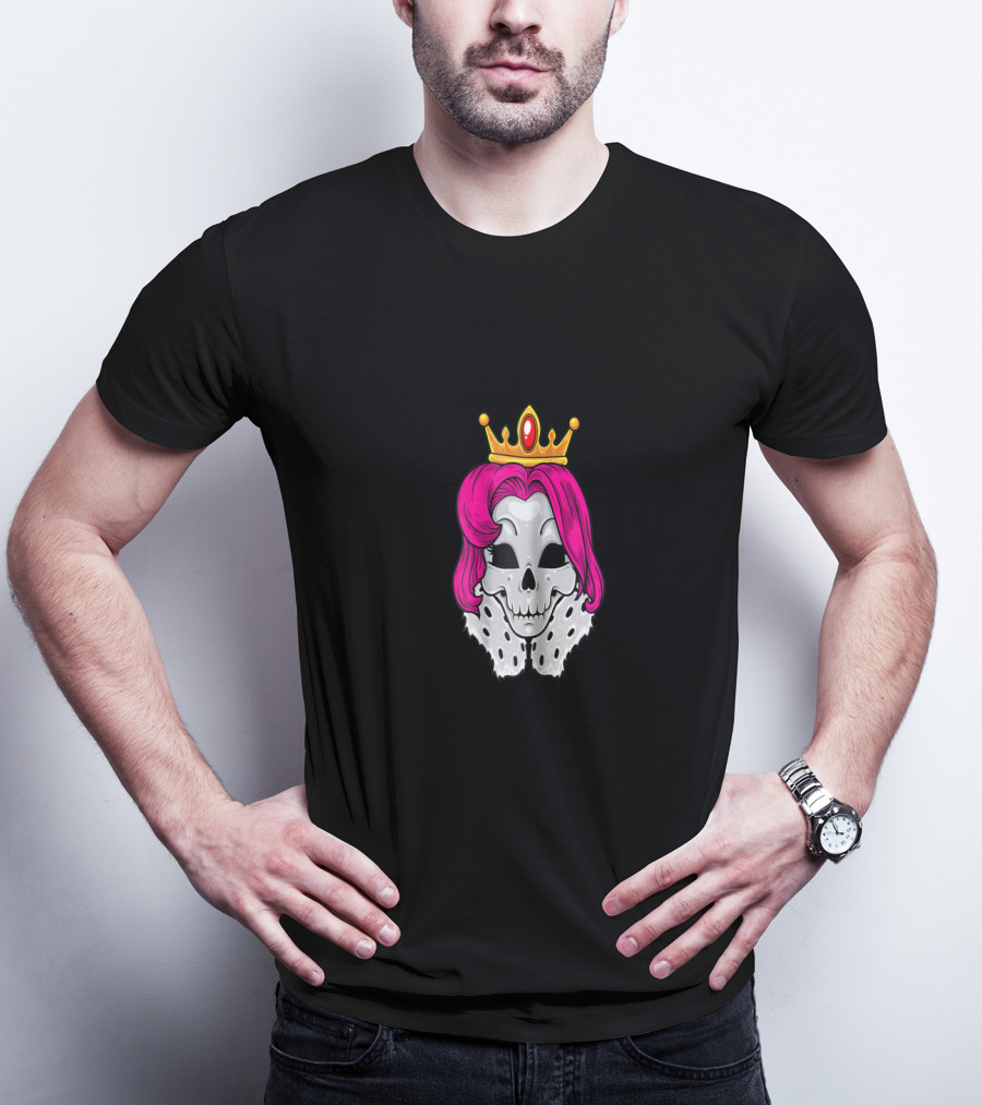 Bright Pink-Haired Skull Queen With Crown And Regal Cape T-Shirt