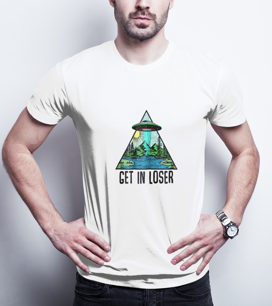 Get In Loser UFO Abduction Triangle With Forest And Lake Scene T-Shirt