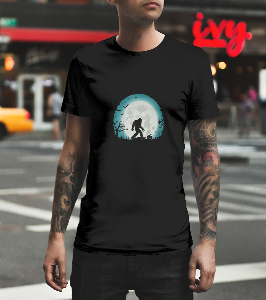 Halloween Bigfoot Silhouette With Full Moon And Bats Scene T-Shirt