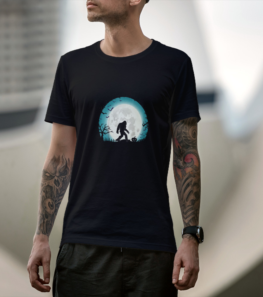 Halloween Bigfoot Silhouette With Full Moon And Bats Scene T-Shirt