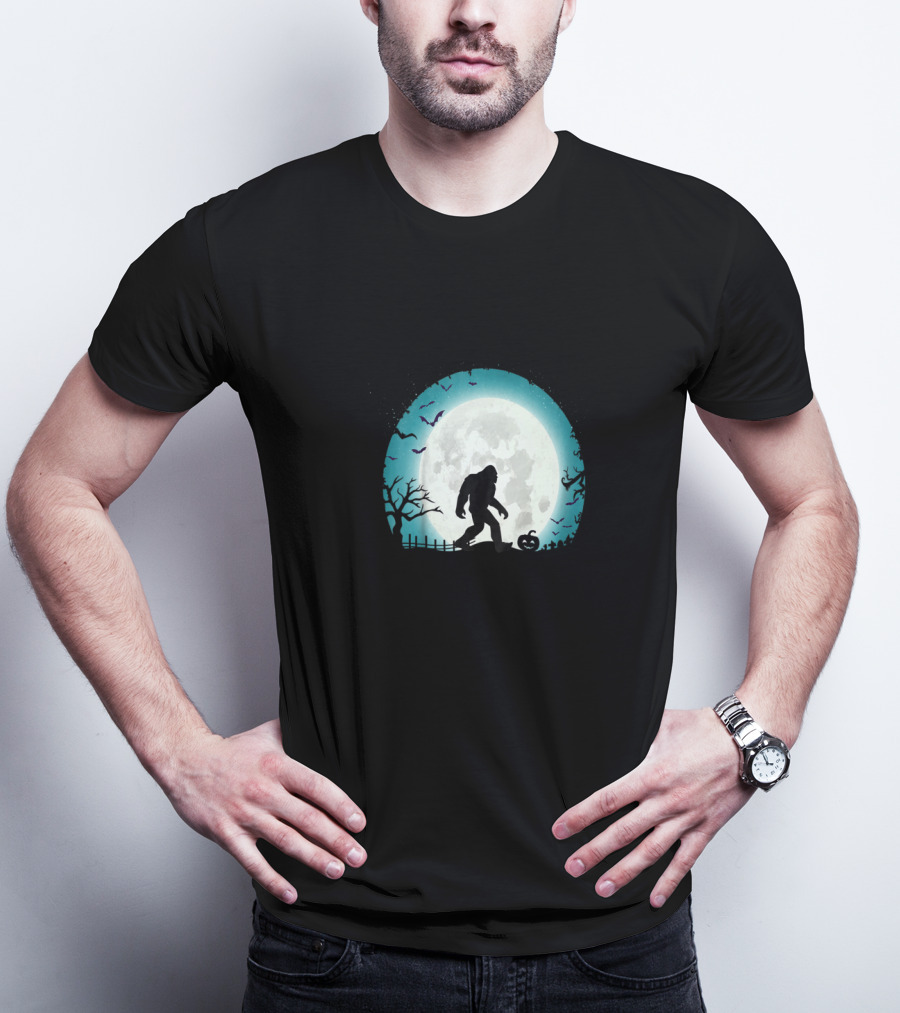 Halloween Bigfoot Silhouette With Full Moon And Bats Scene T-Shirt
