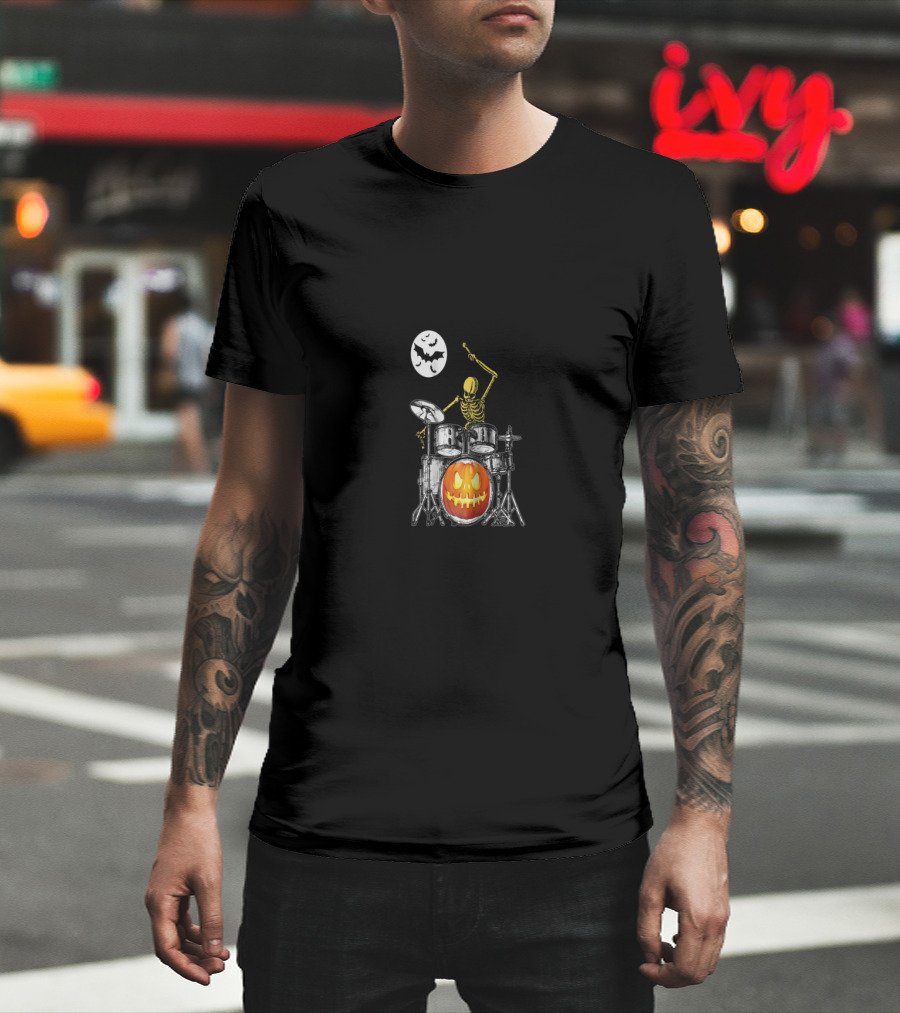 Skeleton Drummer With Jack-O'-Lantern Pumpkin Drum Under Full Moon With Bats T-Shirt