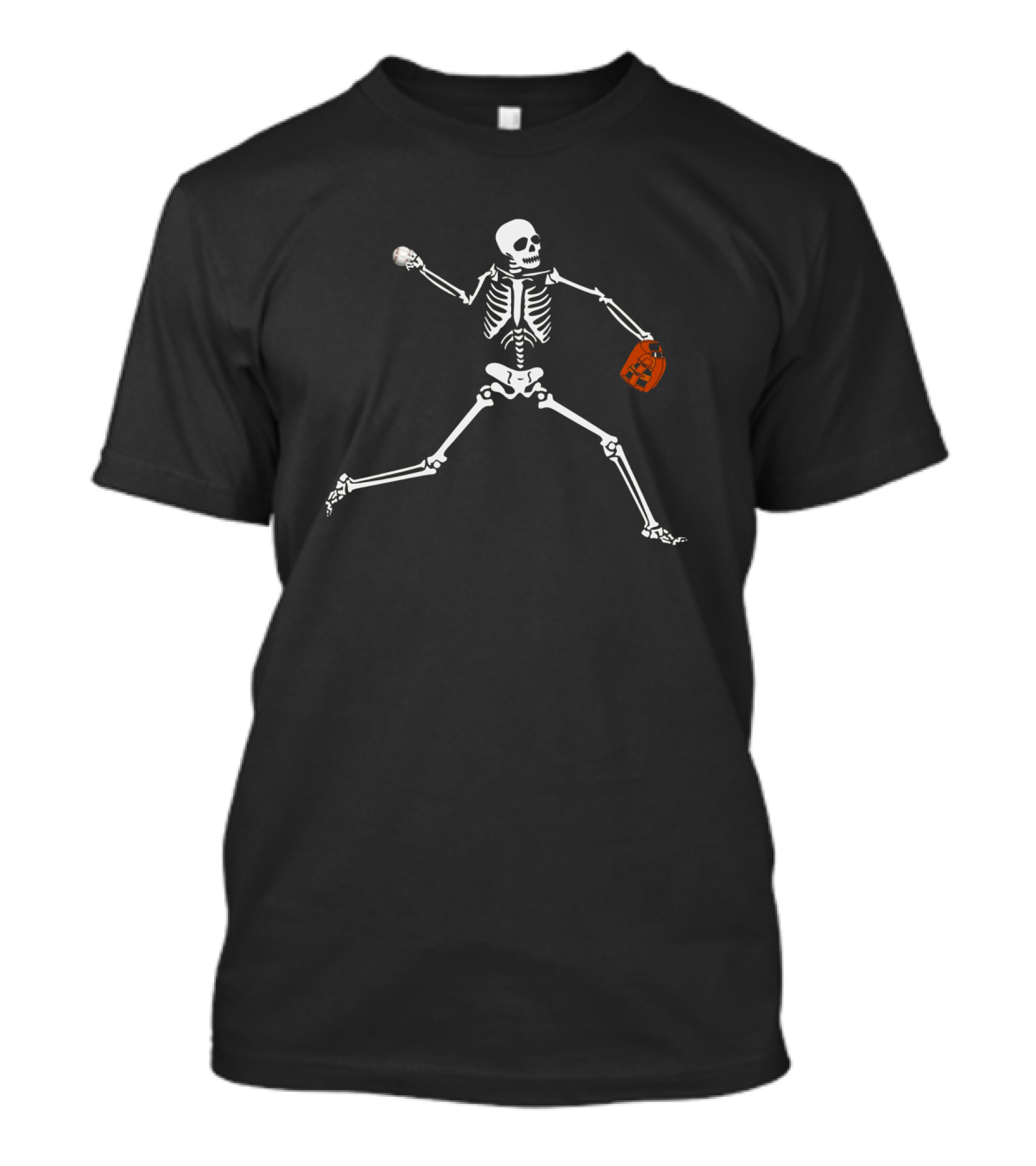 Skeleton Pitcher Halloween Baseball Player With Pumpkin Candy Bag T-Shirt