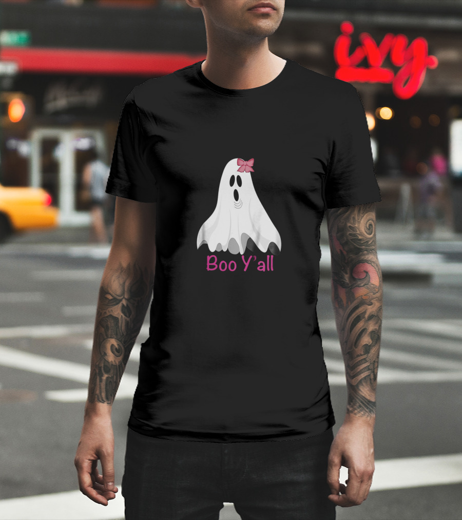 Boo Y'all Halloween Preppy Southern Ghost With Pink Bow T-Shirt