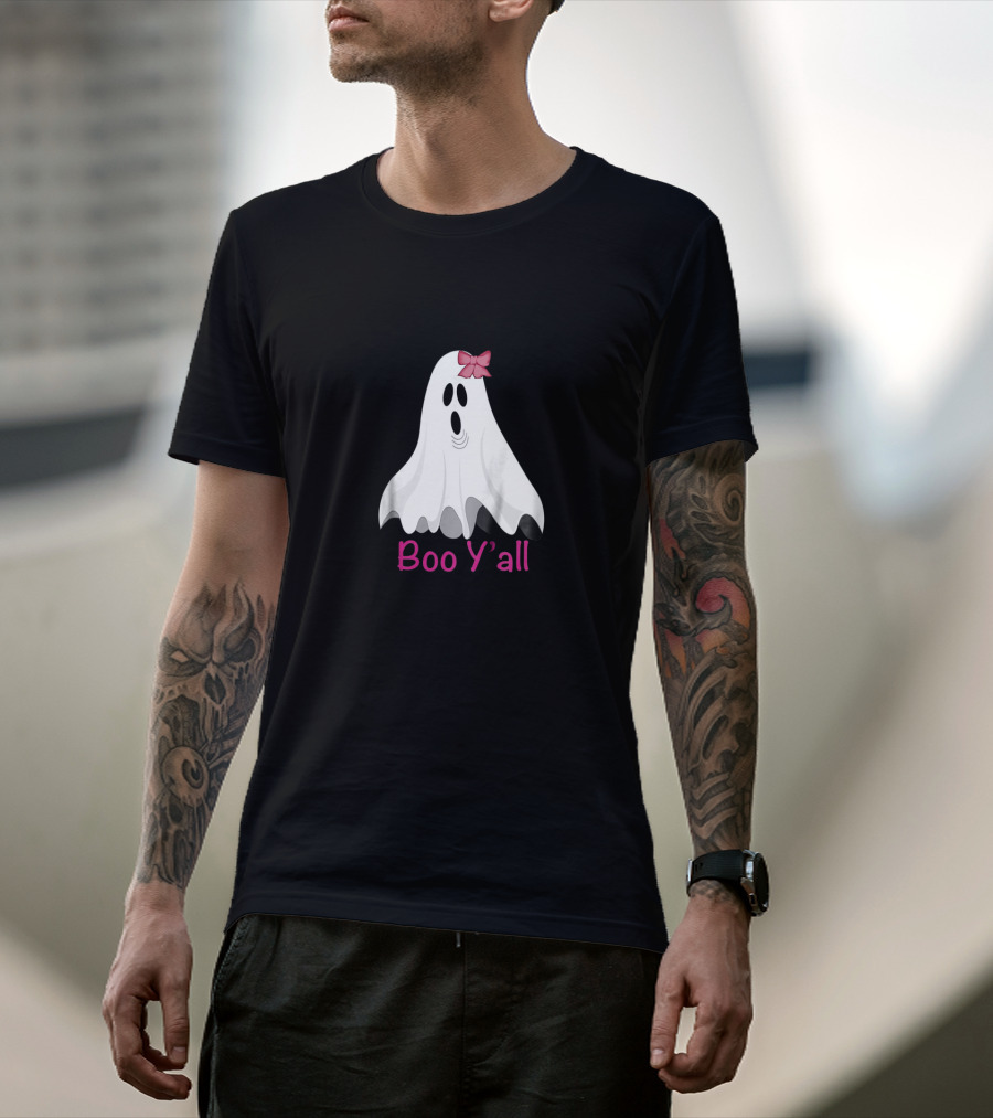 Boo Y'all Halloween Preppy Southern Ghost With Pink Bow T-Shirt