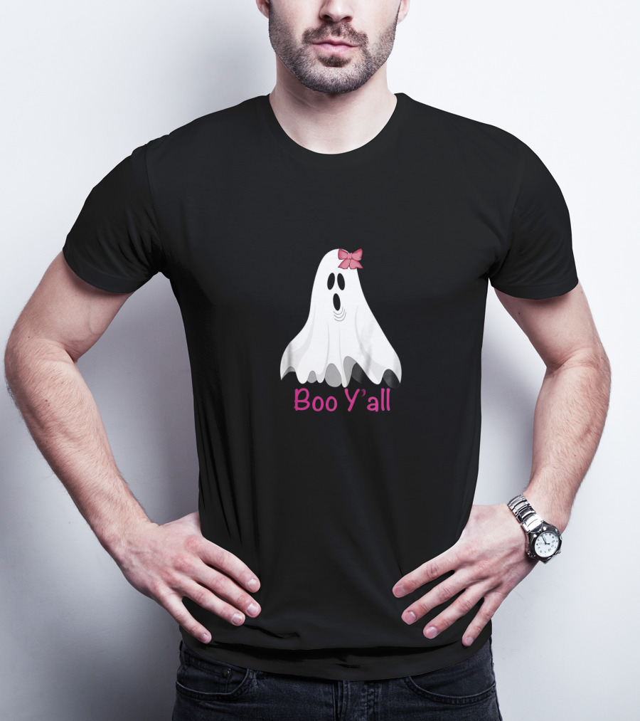 Boo Y'all Halloween Preppy Southern Ghost With Pink Bow T-Shirt