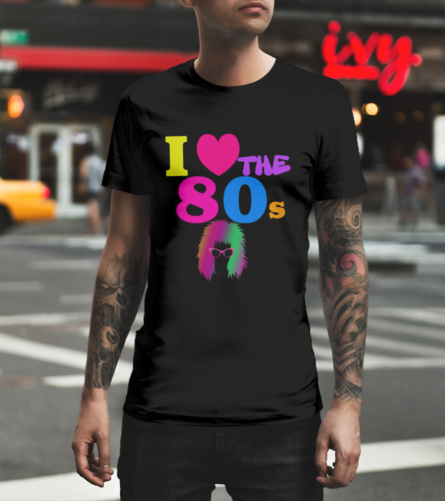 I Love The 80s Neon Heart With Punk Rocker Hair And Sunglasses T-Shirt