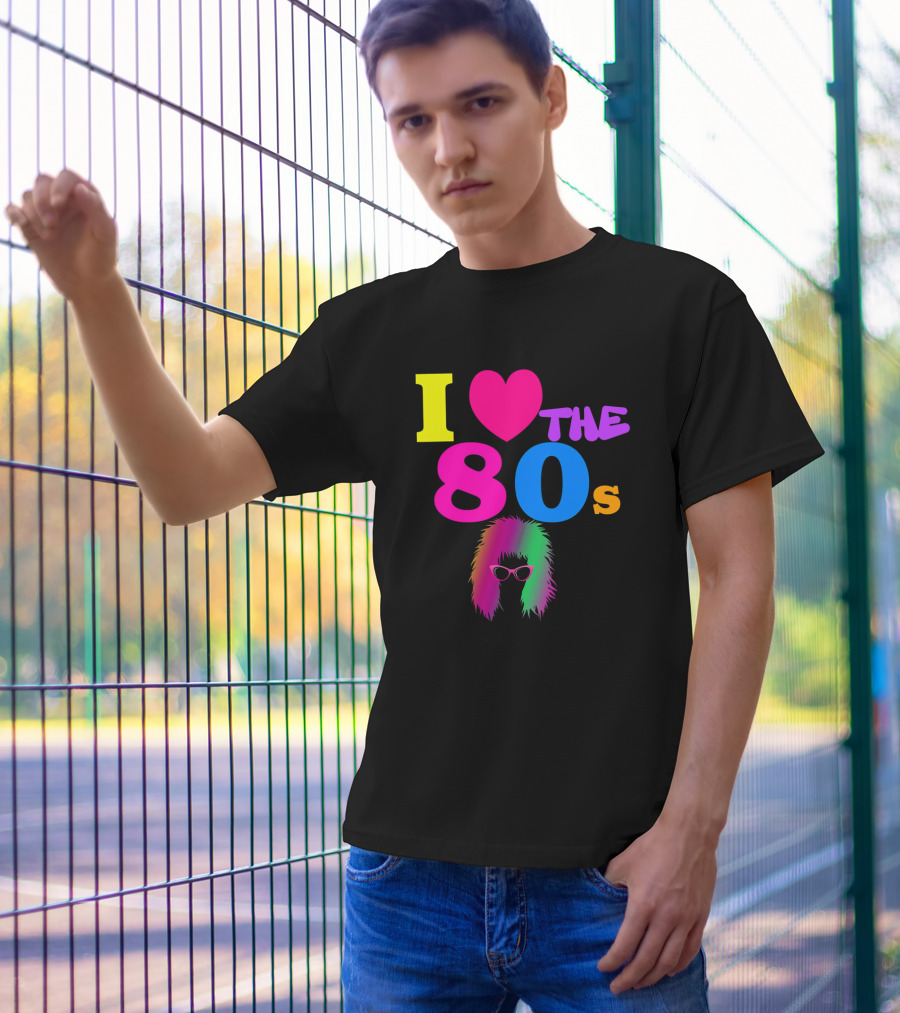 I Love The 80s Neon Heart With Punk Rocker Hair And Sunglasses T-Shirt