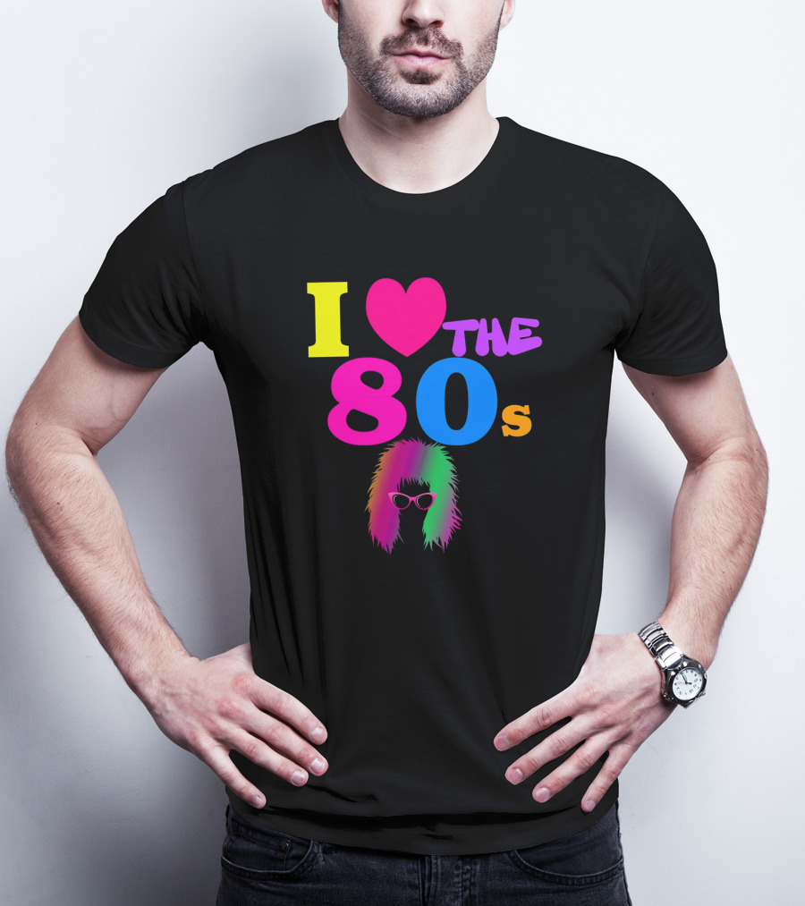 I Love The 80s Neon Heart With Punk Rocker Hair And Sunglasses T-Shirt