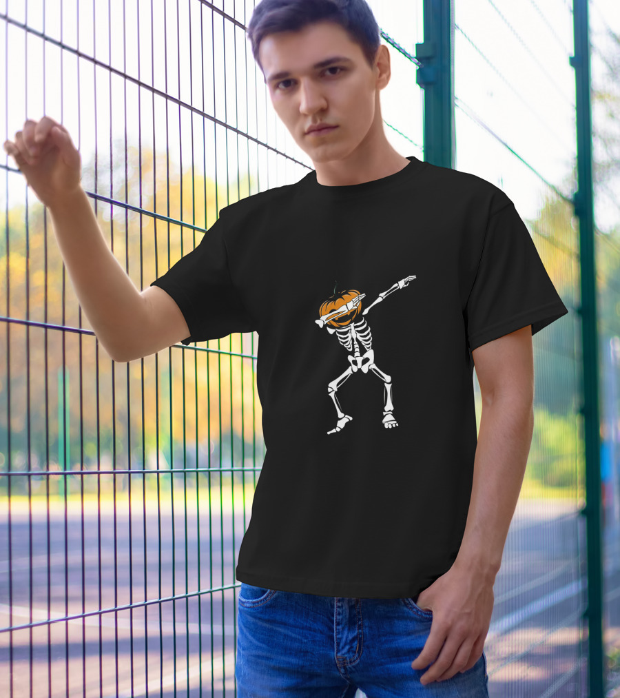 Funny Halloween Dabbing Skeleton With Pumpkin Head Dab T-Shirt