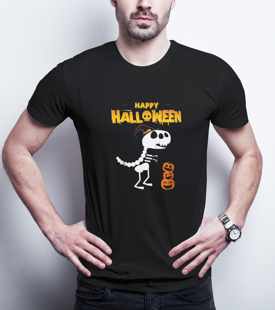 Happy Halloween Skeleton Dinosaur With Pumpkin Stack T-Shirt