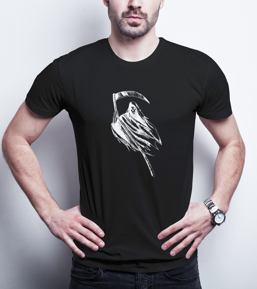 Grim Reaper Holding Scythe With Skull-Faced Cloak T-Shirt