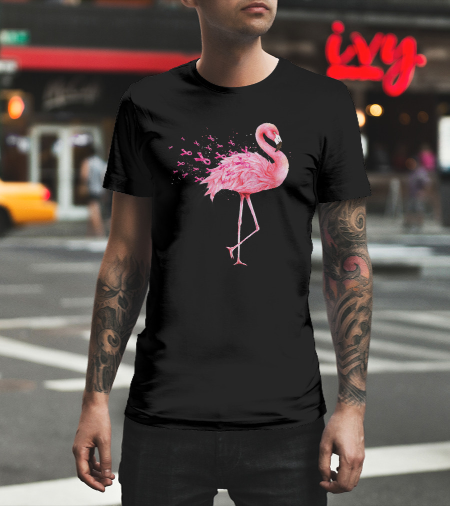 Cute Flamingo Breast Cancer Awareness Pink Ribbon T-Shirt