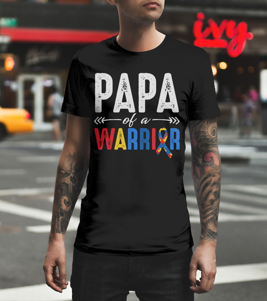 Papa Of A Warrior Autism Awareness Grandpa Colorful Puzzle T-Shirt