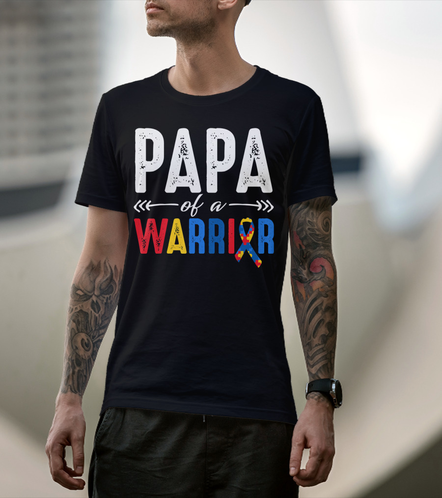 Papa Of A Warrior Autism Awareness Grandpa Colorful Puzzle T-Shirt