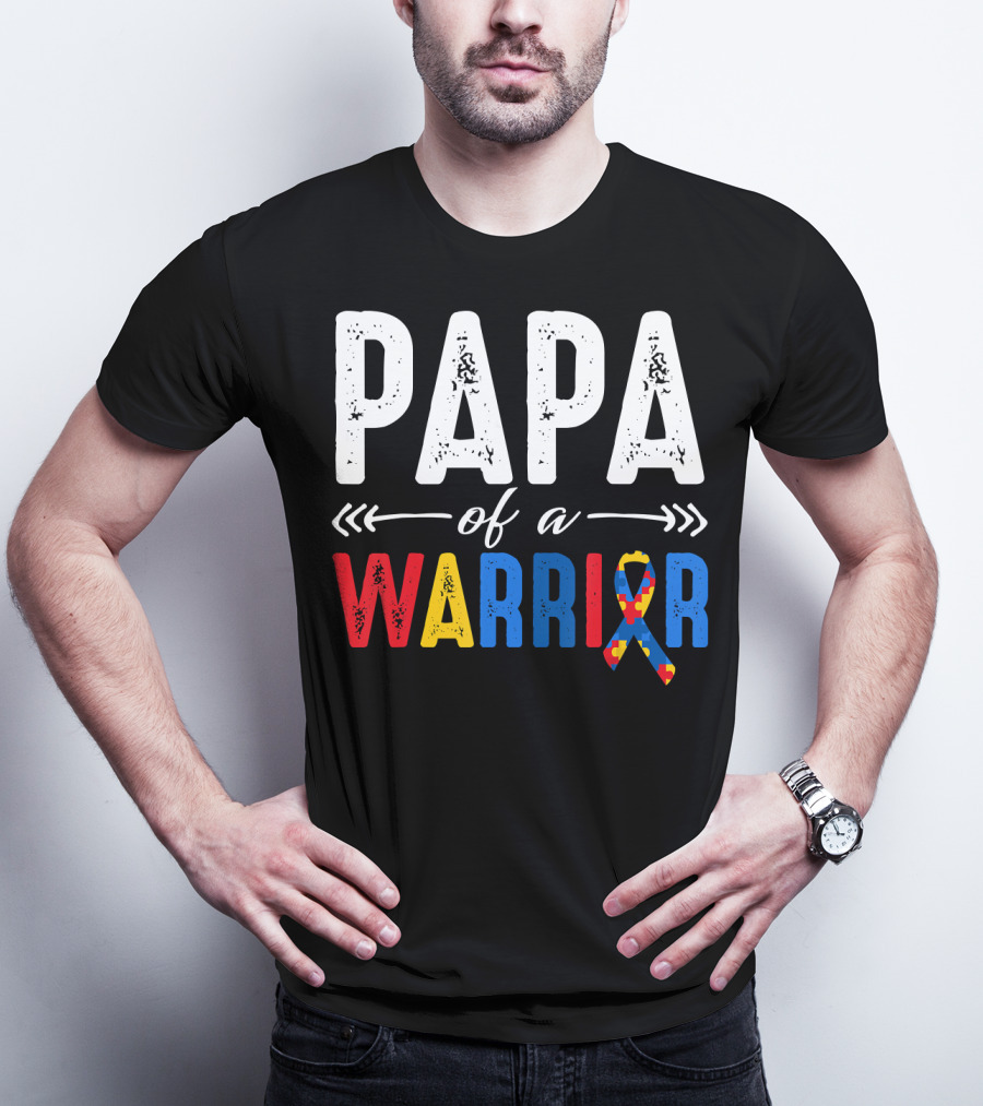 Papa Of A Warrior Autism Awareness Grandpa Colorful Puzzle T-Shirt