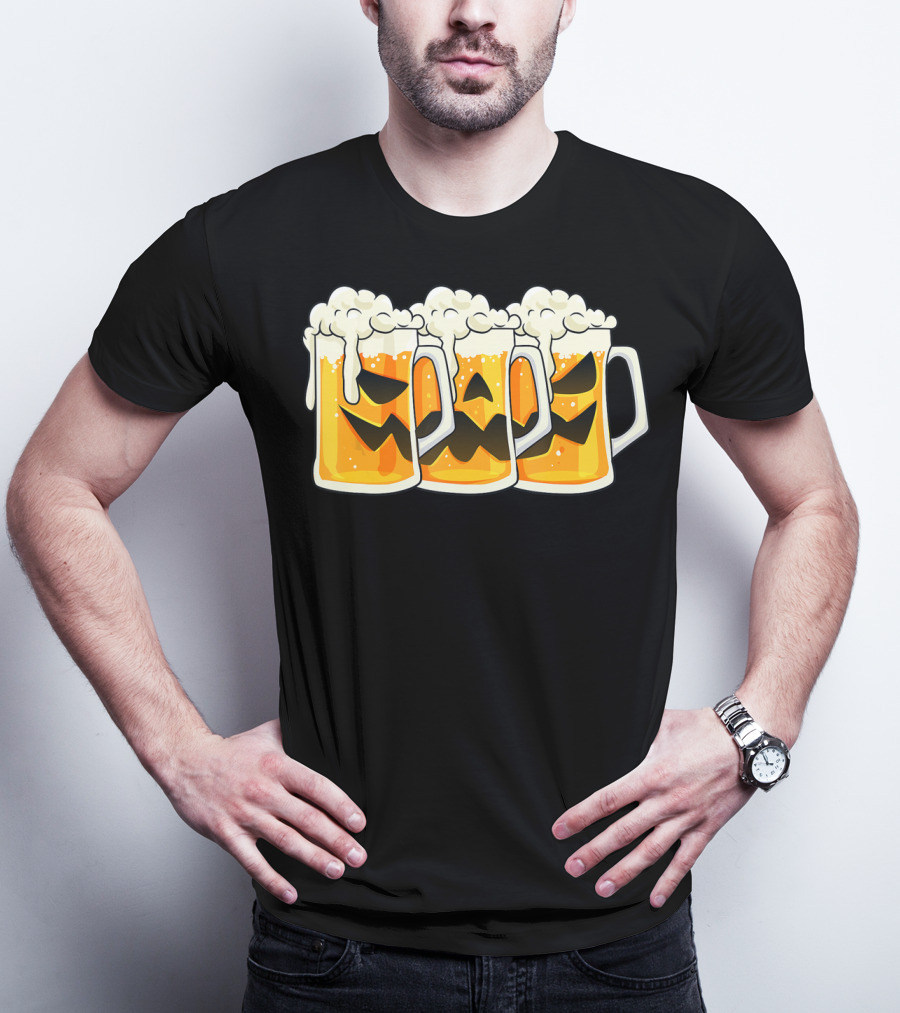 Halloween Jack O Lantern Beer Mug Faces T-Shirt