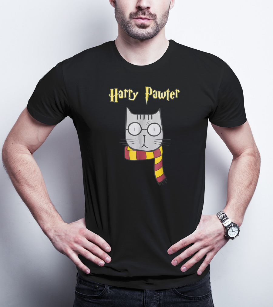 Harry Pawter Magic Cat With Glasses And Gryffindor Scarf T-Shirt