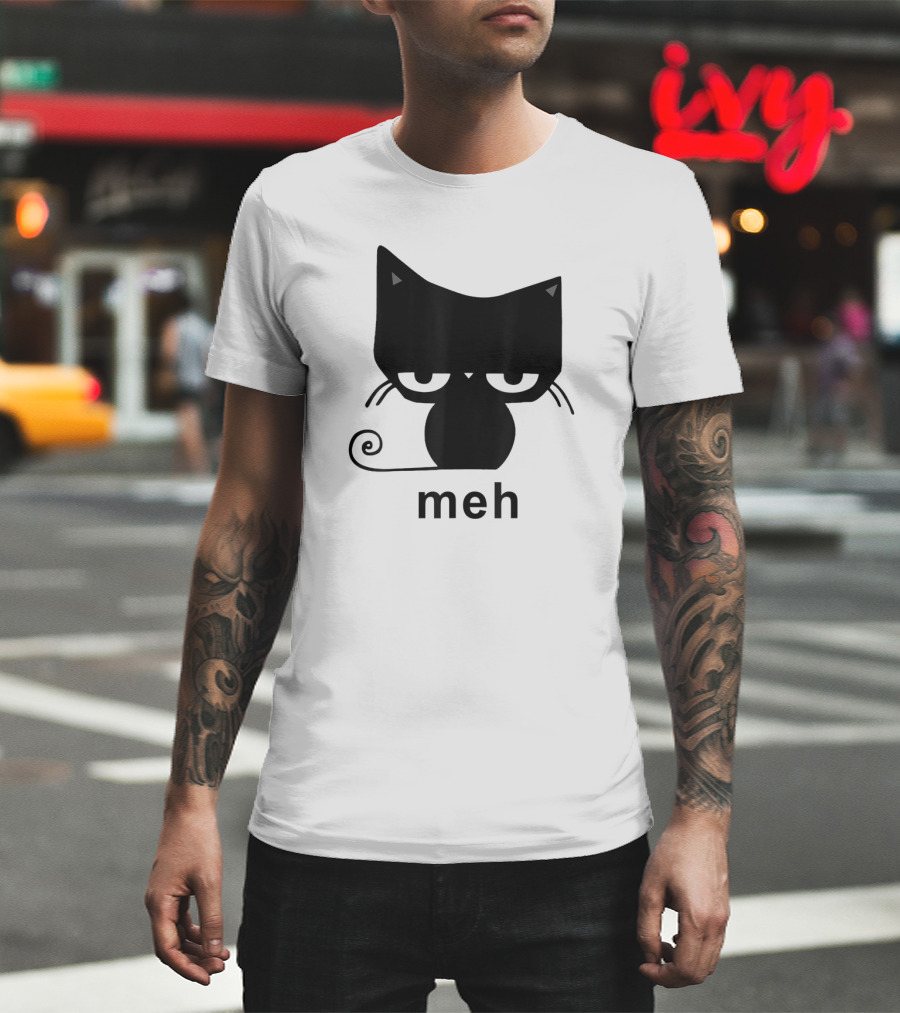 Meh Black Cat Funny For Cat Lovers Lazily Expressive Cat Enthusiast Humor T-Shirt