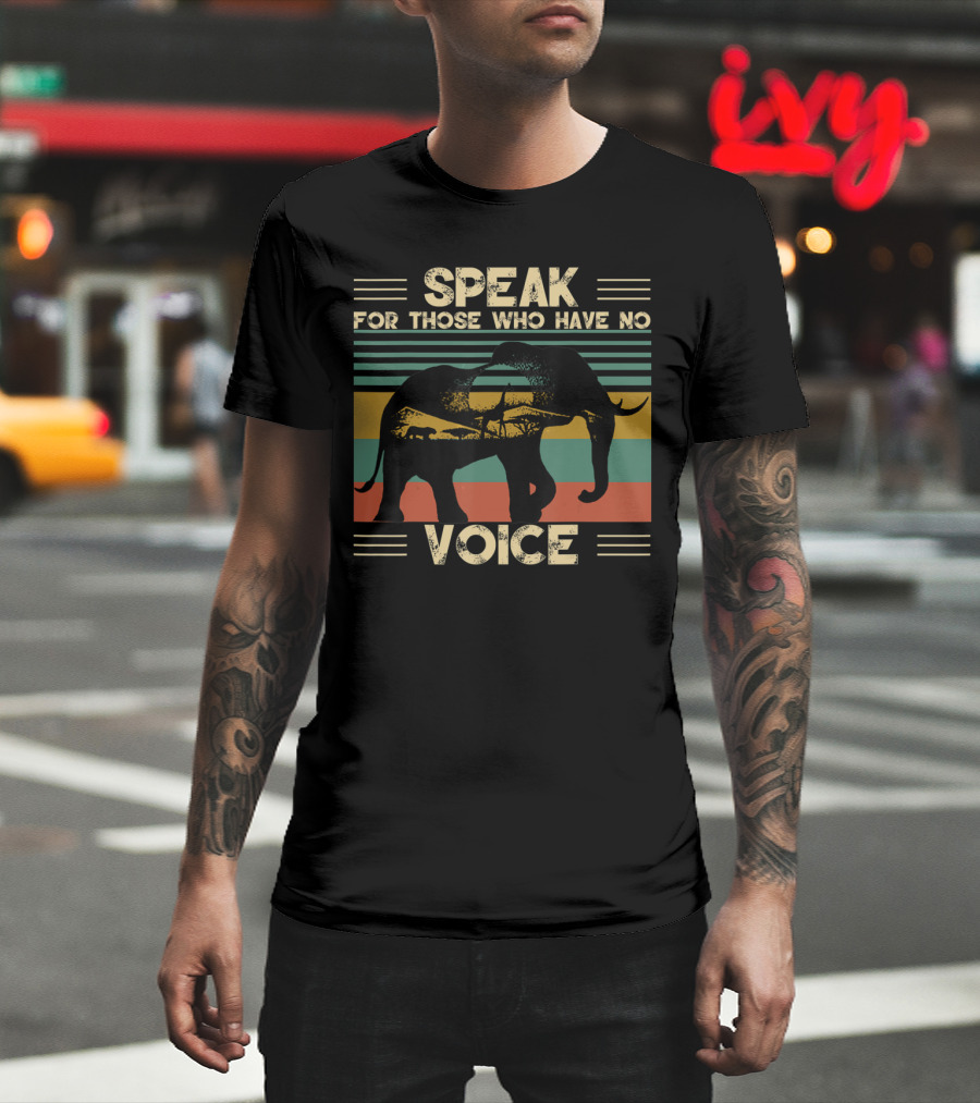 Speak For Those Who Have No Voice Elephant With Striped Sunset Background T-Shirt