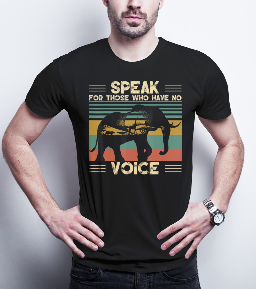 Speak For Those Who Have No Voice Elephant With Striped Sunset Background T-Shirt