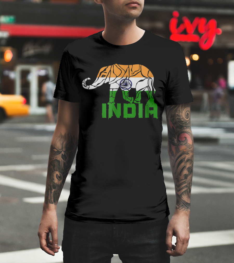 India Elephant With National Flag Colors And India Text T-Shirt