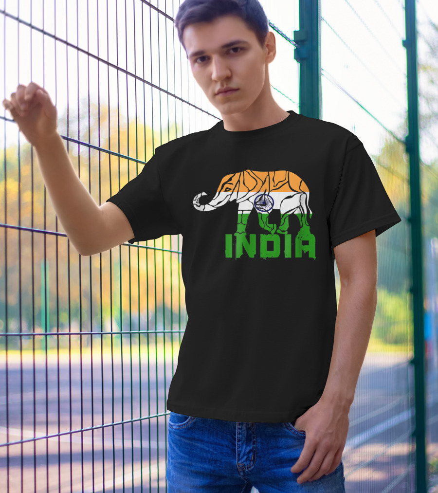 India Elephant With National Flag Colors And India Text T-Shirt