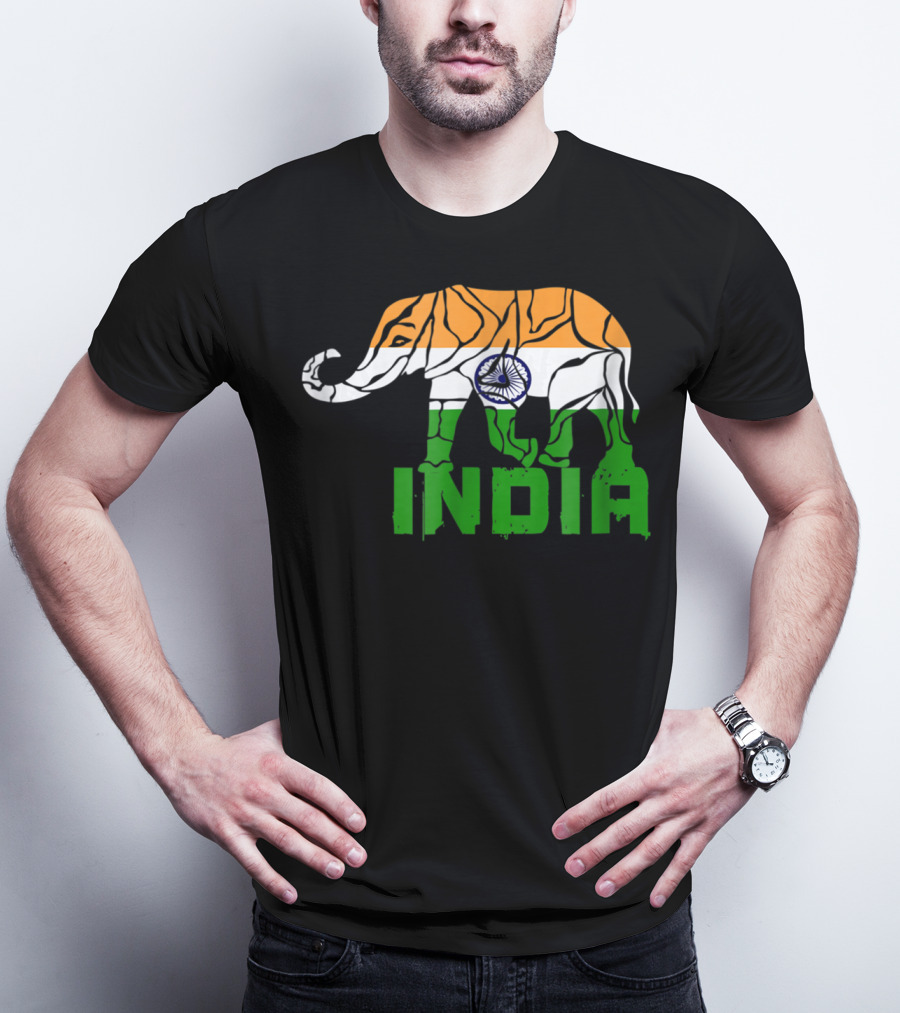 India Elephant With National Flag Colors And India Text T-Shirt
