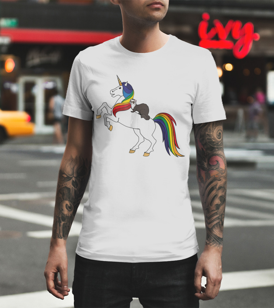 Ferret Riding Rainbow Unicorn T-Shirt