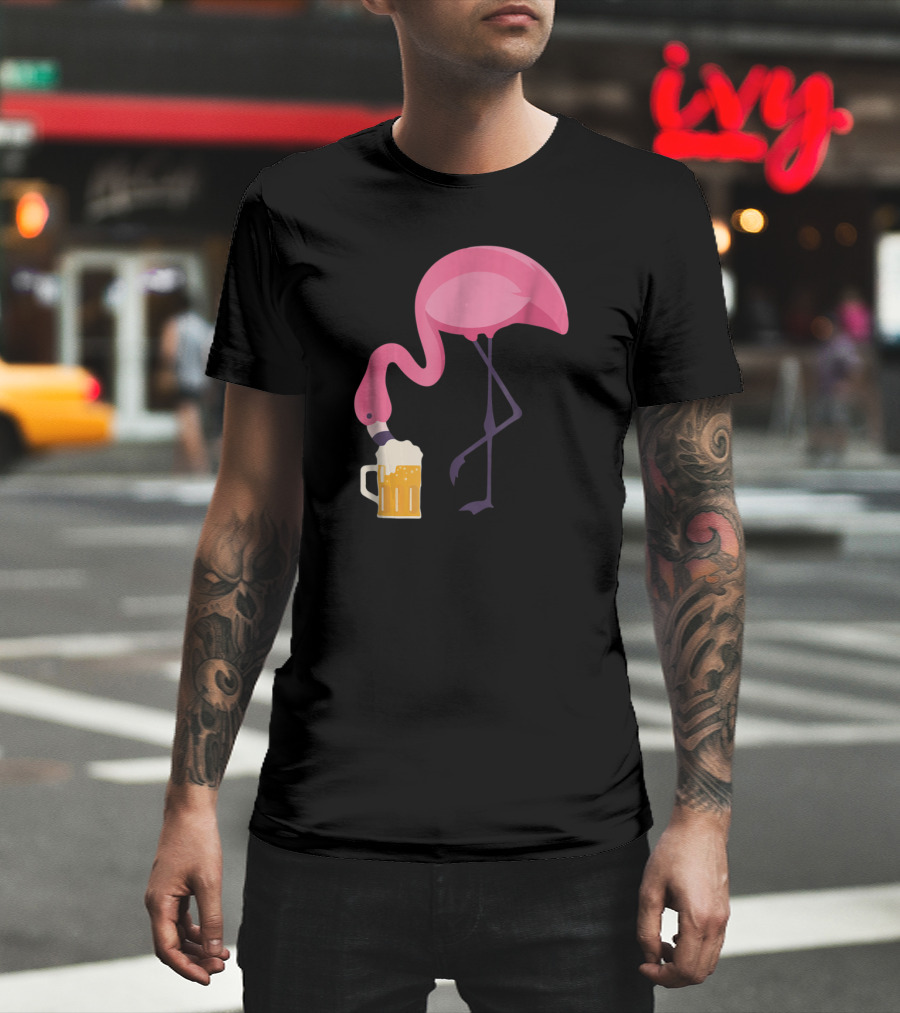 Flamingo Drinking Beer Concept With Pink Bird And Pint Glass T-Shirt
