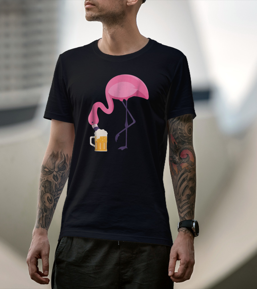 Flamingo Drinking Beer Concept With Pink Bird And Pint Glass T-Shirt