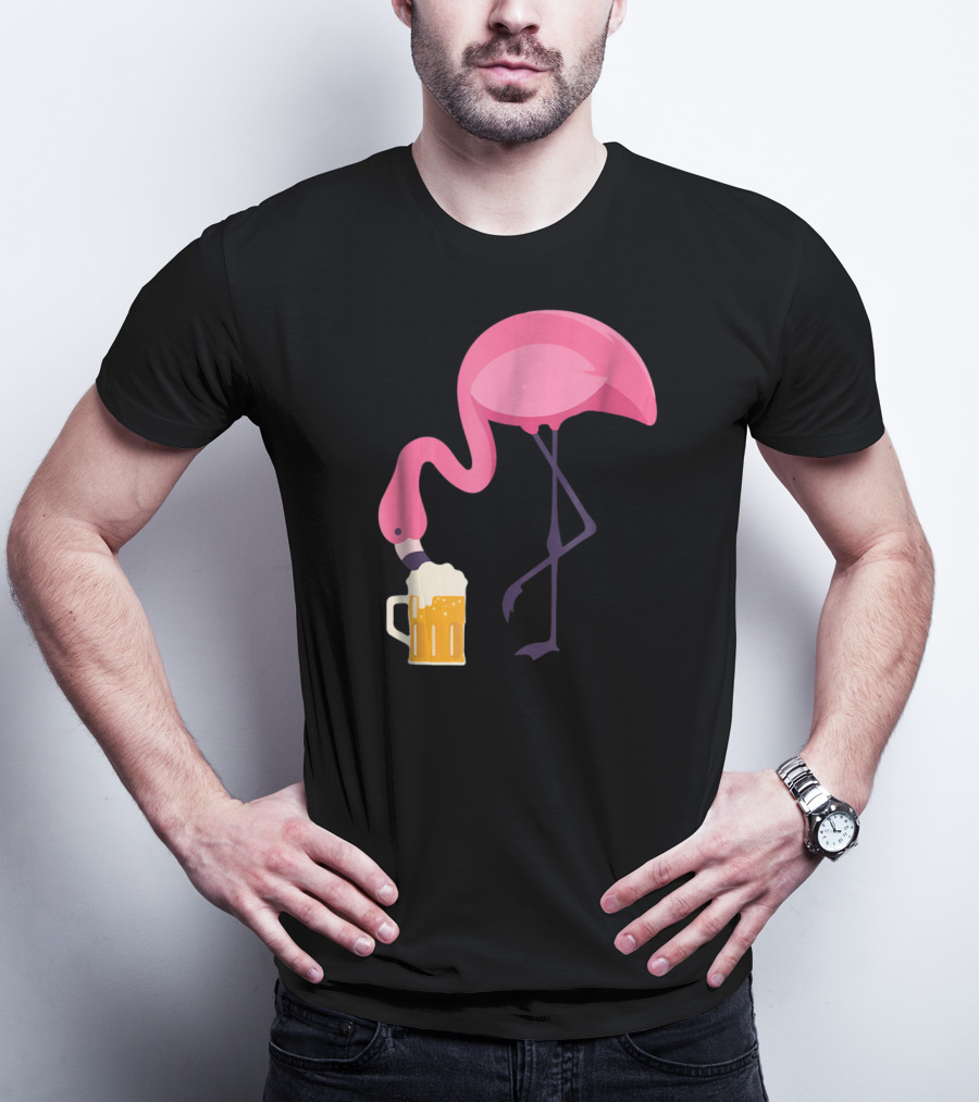 Flamingo Drinking Beer Concept With Pink Bird And Pint Glass T-Shirt