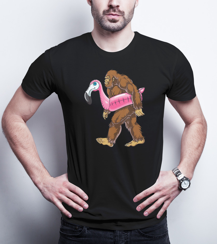 Pool Party Bigfoot Pink Flamingo Sasquatch Float T-Shirt
