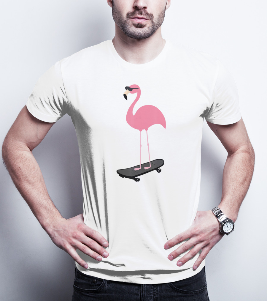 Cool Pink Flamingo Skateboard Sunglasses Bird Pun T-Shirt