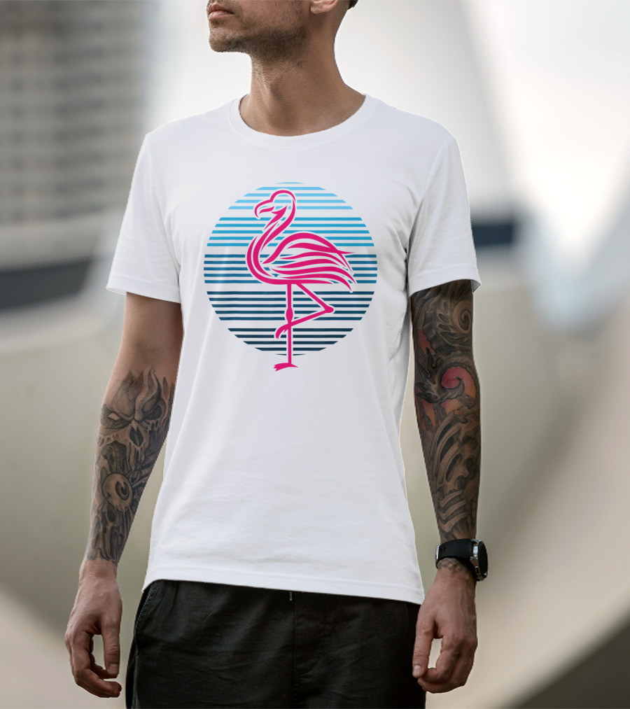 Flamingo Bird 80s Party Retro Stripes Birthday T-Shirt